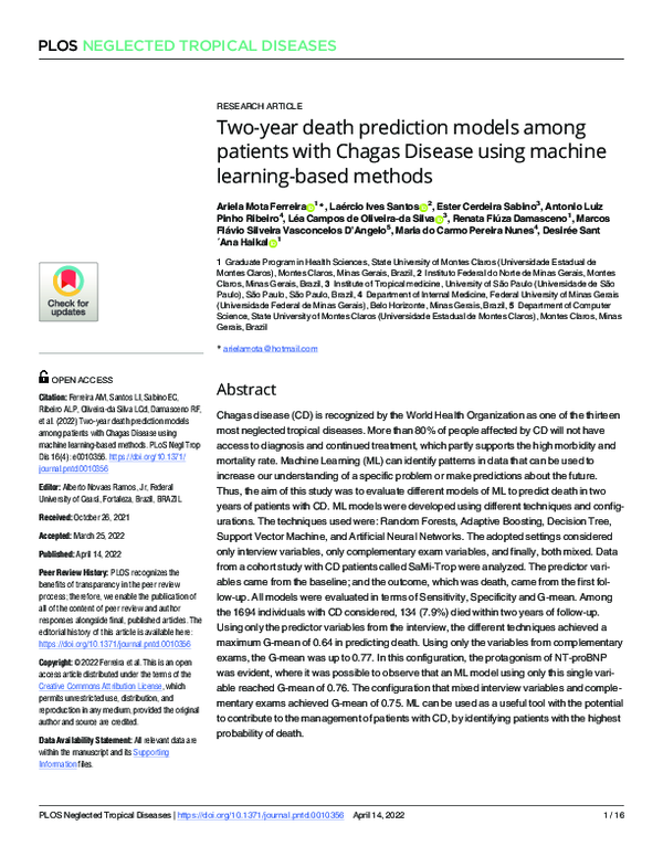 (PDF) Two-year death prediction models among patients with Chagas Disease using machine learning ...