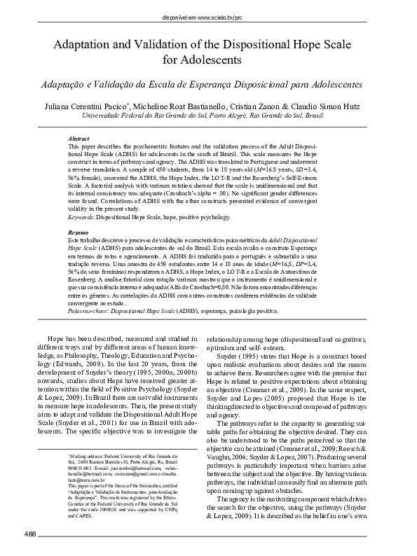 (PDF) Adaptation and validation of the dispositional hope scale for ...