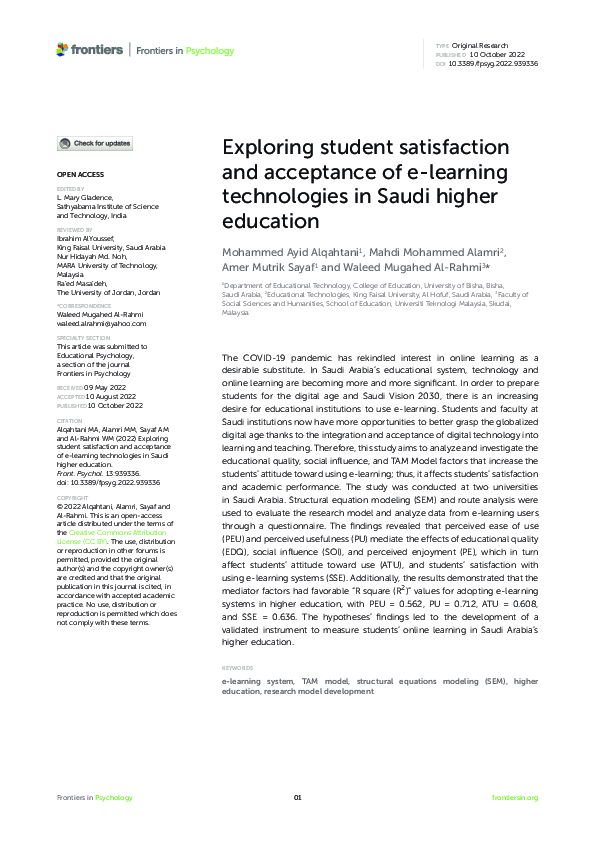 (PDF) Exploring student satisfaction and acceptance of e-learning technologies in Saudi higher ...