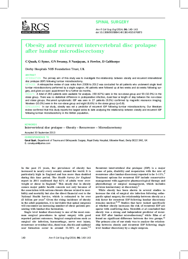 (PDF) Obesity and recurrent intervertebral disc prolapse after lumbar ...