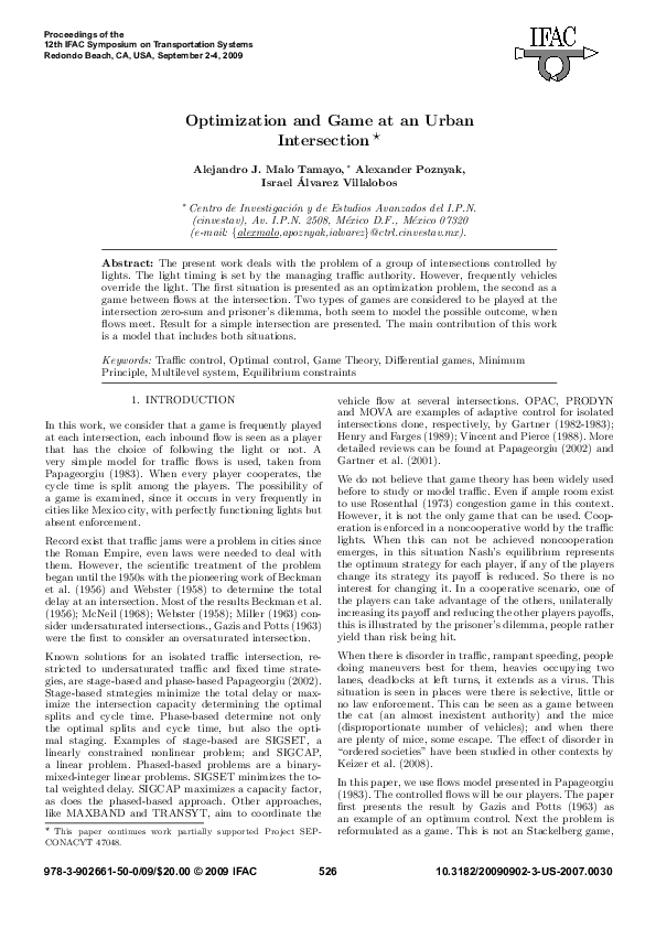 Pdf Optimization And Game At An Urban Intersection