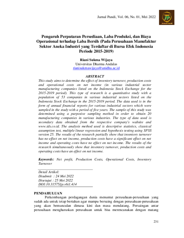 (PDF) Pengaruh Perputaran Persediaan, Laba Produksi, dan Biaya ...
