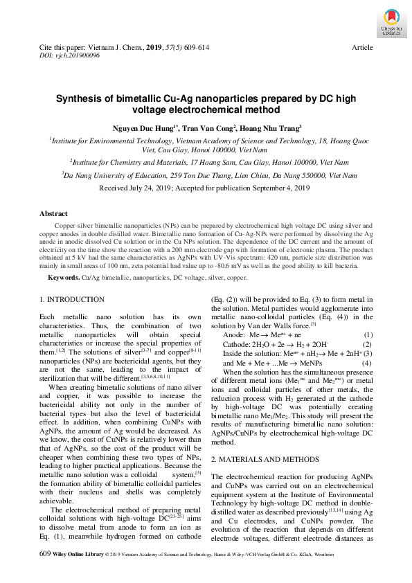 (PDF) Synthesis of bimetallic Cu-Ag nanoparticles prepared by DC high voltage electrochemical ...
