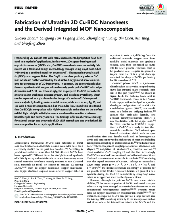 (PDF) Fabrication of Ultrathin 2D Cu‐BDC Nanosheets and the Derived ...