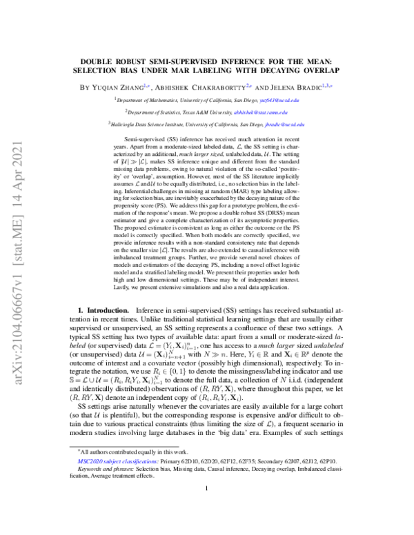(PDF) Double robust semi-supervised inference for the mean: selection bias under MAR labeling ...