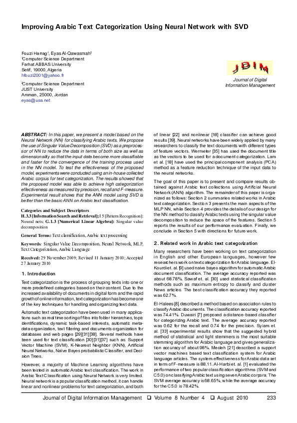 Pdf Improving Arabic Text Categorization Using Decision Trees