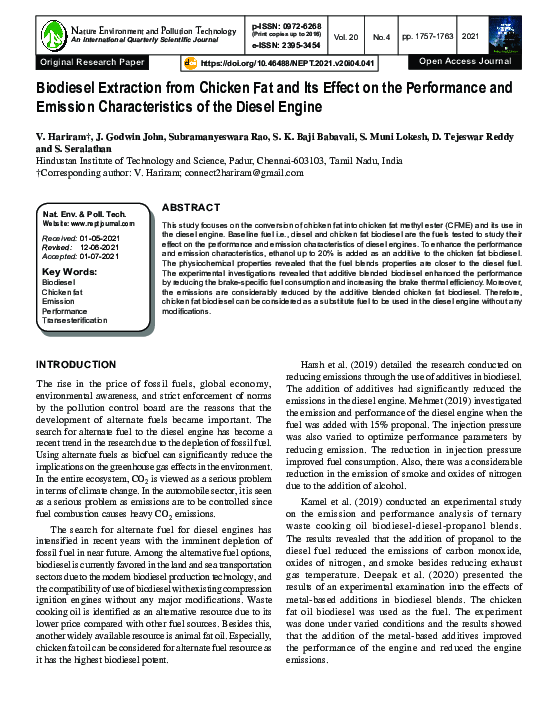 (PDF) Biodiesel Extraction from Chicken Fat and Its Effect on the ...