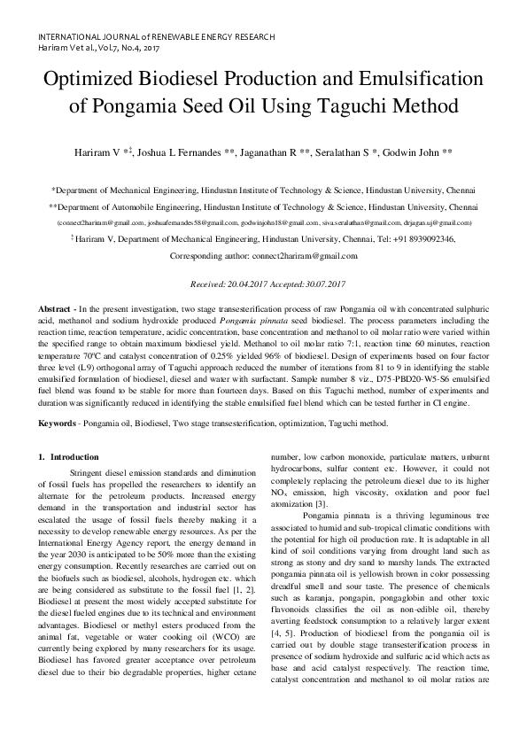 (PDF) Optimized Biodiesel Production and Emulsification of Pongamia ...