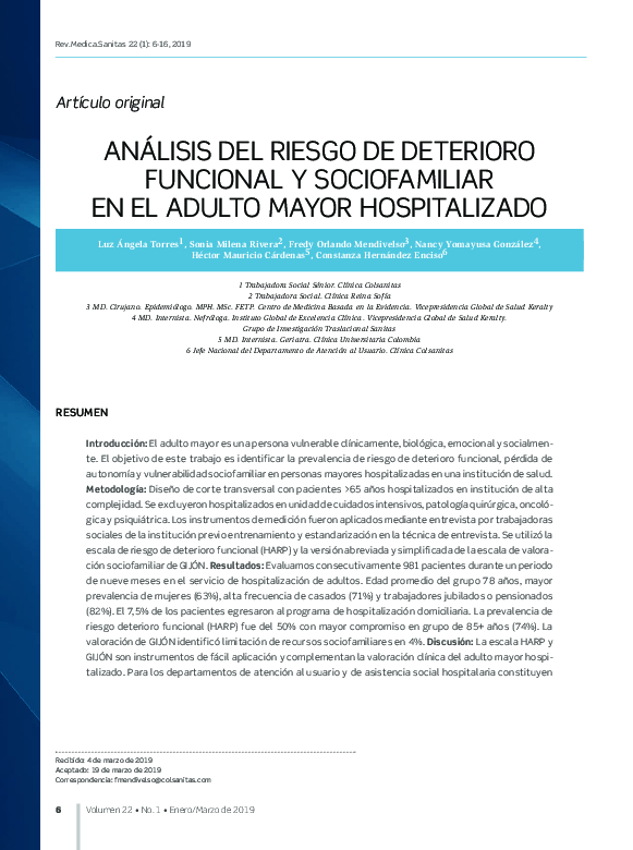 (PDF) Análisis del riesgo de deterioro funcional y sociofamiliar en el adulto mayor hospitalizado