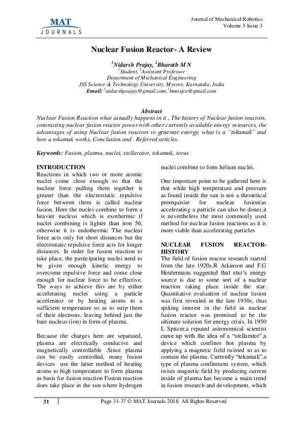 (PDF) Nuclear Fusion Reactor- A Review