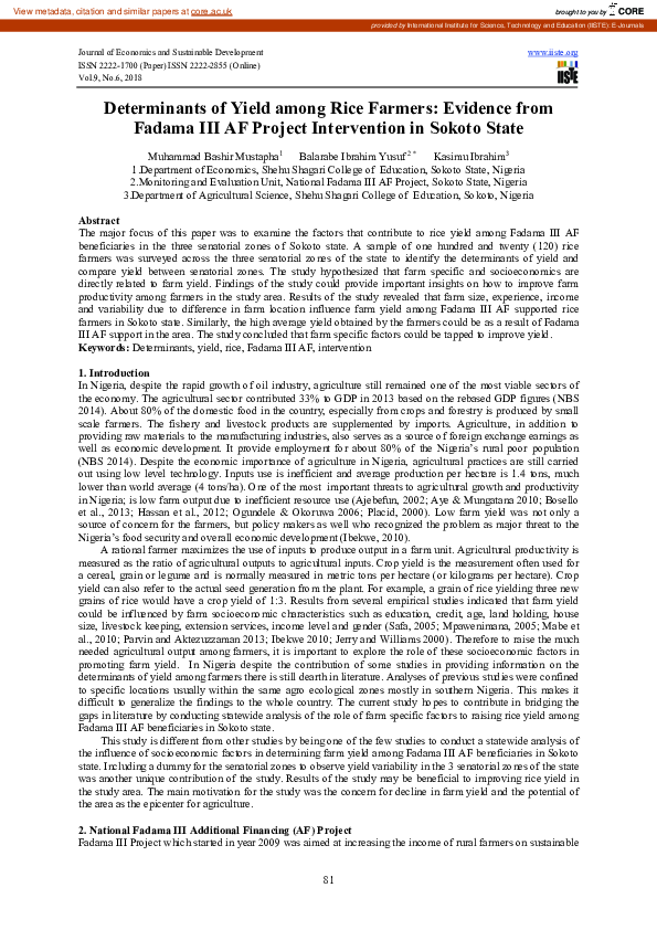 (PDF) Determinants of Yield among Rice Farmers: Evidence from Fadama ...