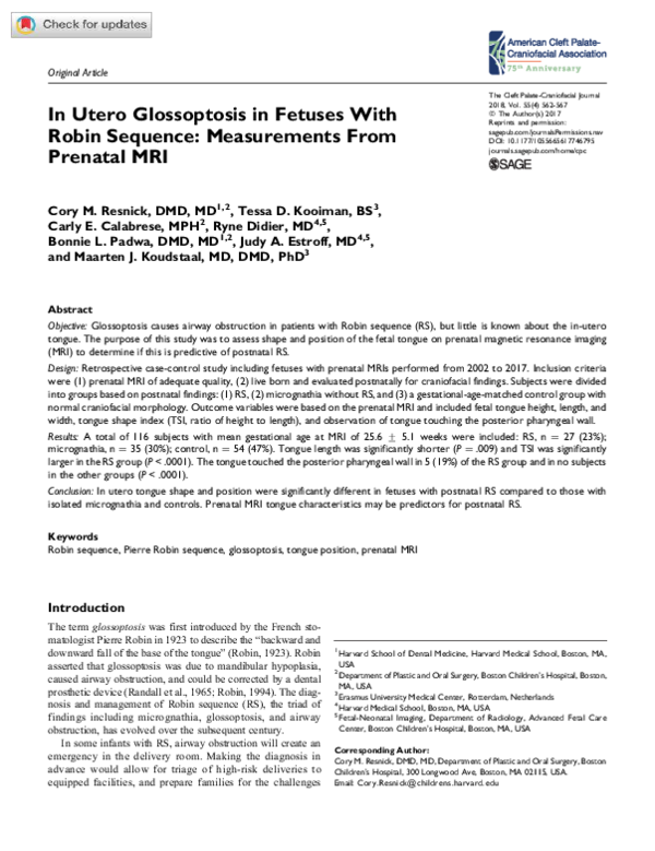 (PDF) In Utero Glossoptosis in Fetuses With Robin Sequence