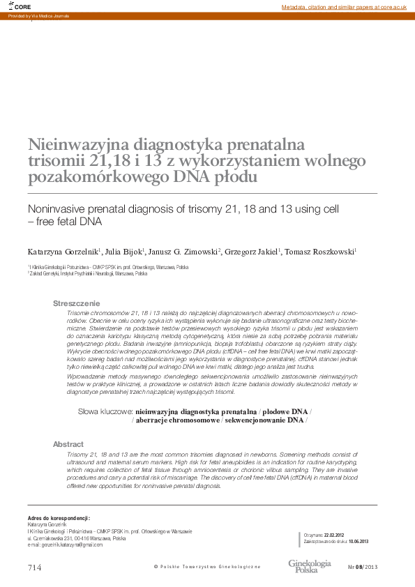 (PDF) Noninvasive prenatal diagnosis of trisomy 21, 18 and 13 using cel ...