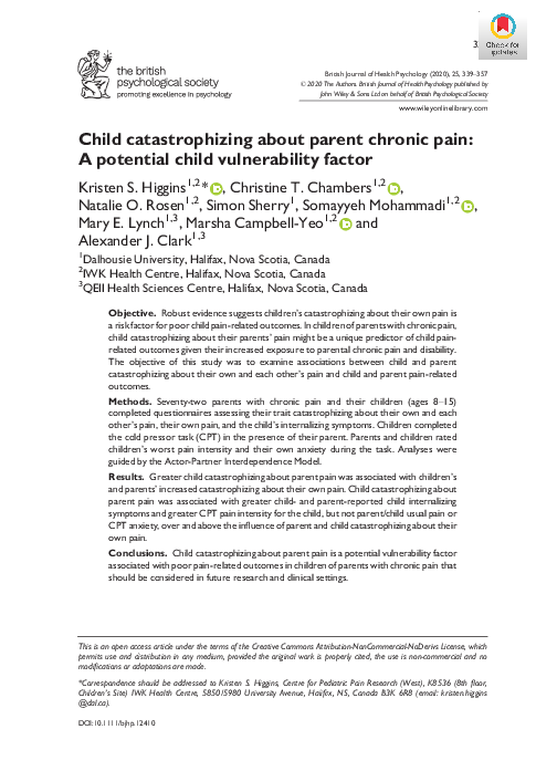 (PDF) Child catastrophizing about parent chronic pain: A potential ...