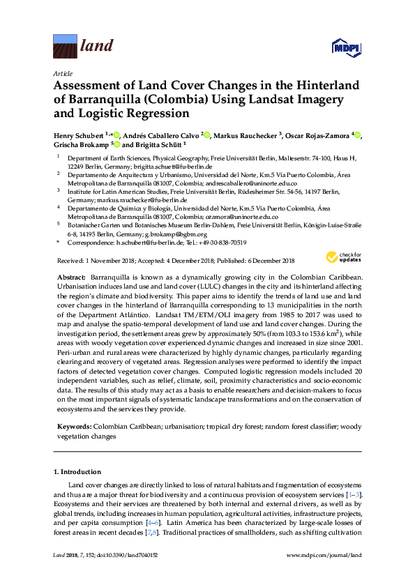 (PDF) Assessment of Land Cover Changes in the Hinterland of Barranquilla (Colombia) Using ...