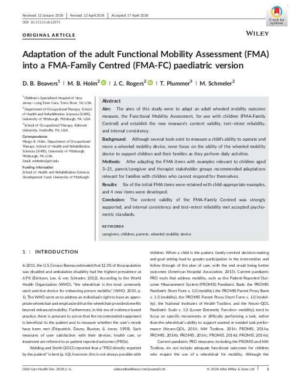 (PDF) Adaptation of the adult Functional Mobility Assessment (FMA) into ...