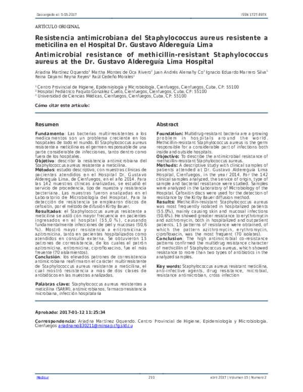 (PDF) Resistencia antimicrobiana del Staphylococcus aureus resistente a meticilina en el ...
