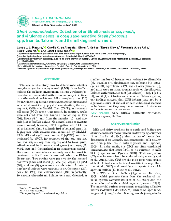 (PDF) Short communication: Detection of antibiotic resistance, mecA, and virulence genes in ...