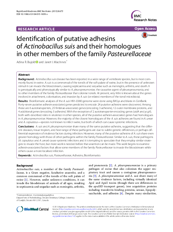(PDF) Identification of putative adhesins of Actinobacillus suis and ...