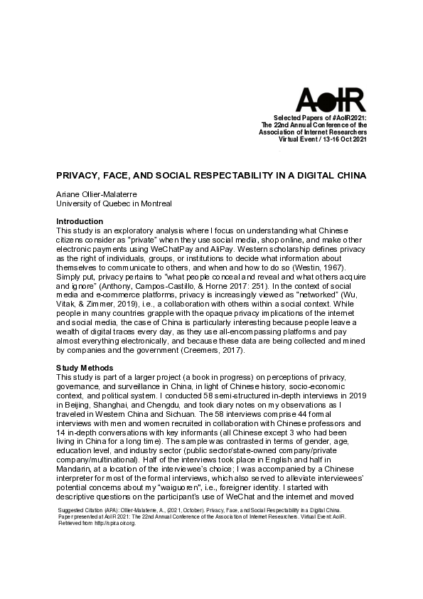 (PDF) Privacy, Face, and Social Respectability in a Digital China