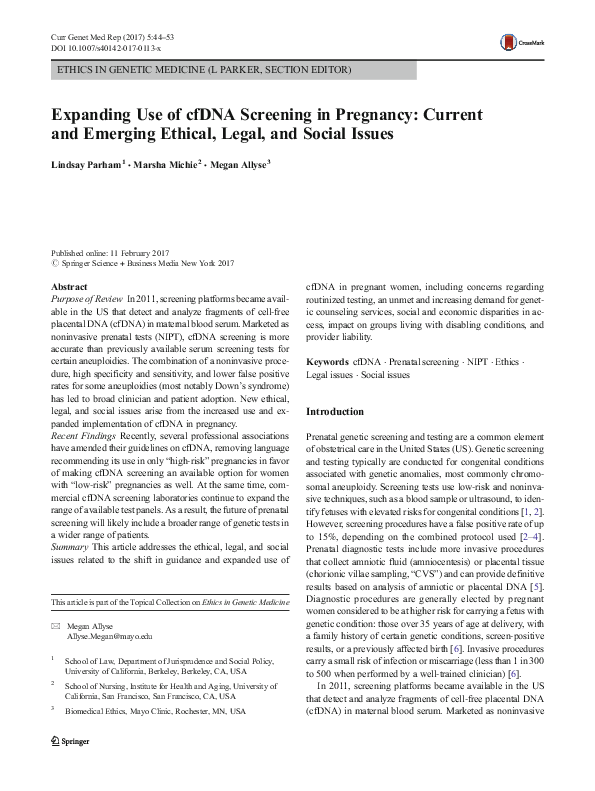 (PDF) Expanding Use of cfDNA Screening in Pregnancy: Current and ...