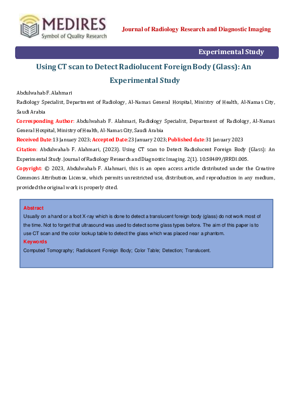 (PDF) Using CT scan to Detect Radiolucent Foreign Body (Glass): An ...