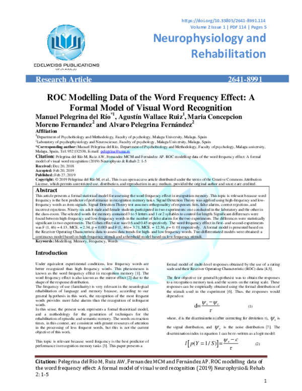 (PDF) ROC Modelling Data of the Word Frequency Effect: A Formal Model of Visual Word Recognition