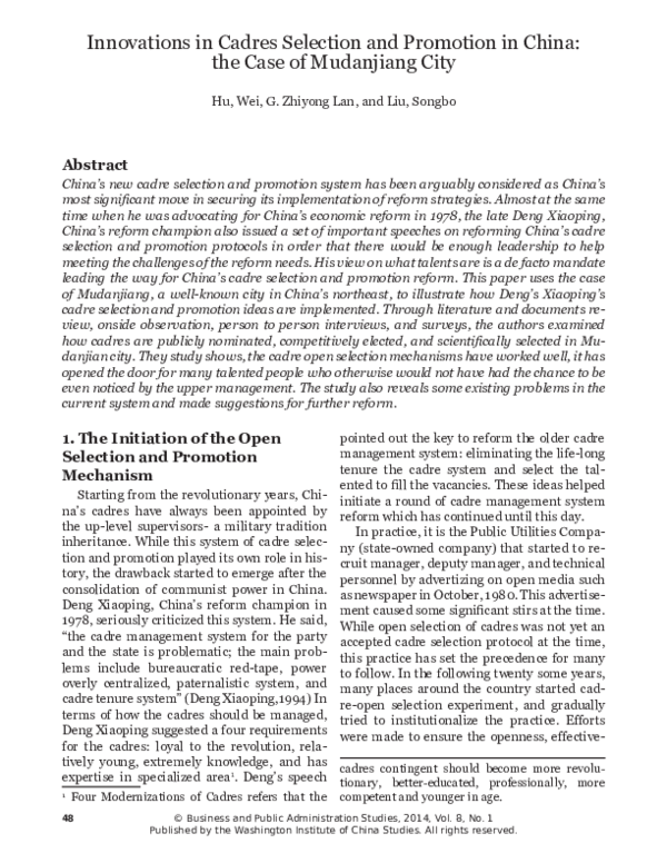 (PDF) Innovations in Cadres Selection and Promotion in China: the Case ...