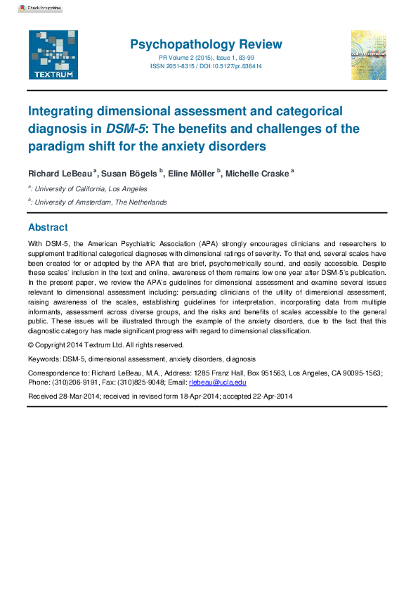 (PDF) Integrating dimensional assessment and categorical diagnosis in ...