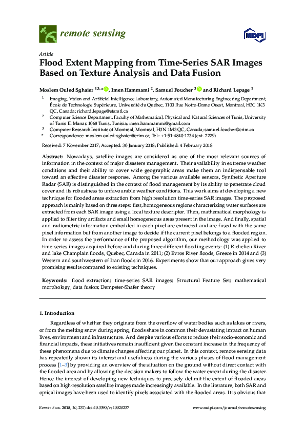 (PDF) Flood Extent Mapping from Time-Series SAR Images Based on Texture Analysis and Data Fusion