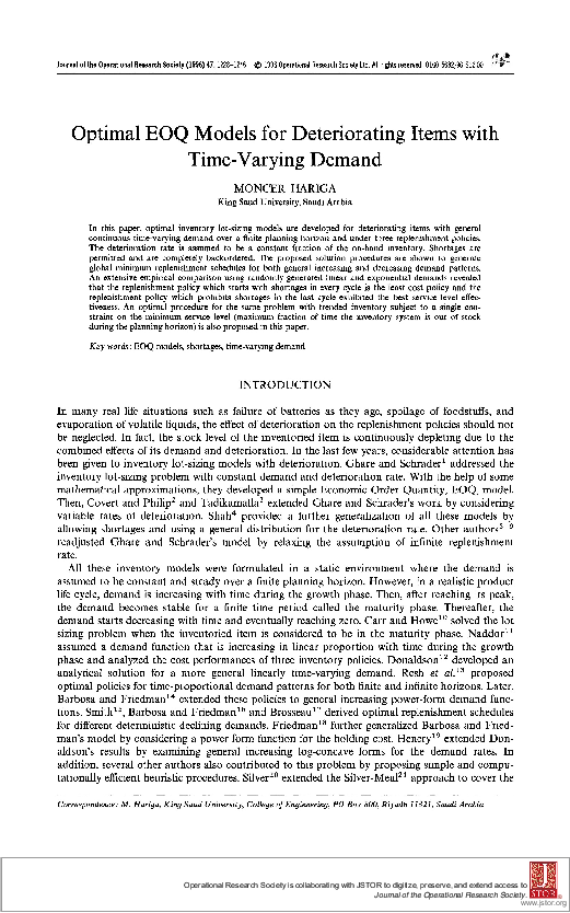Pdf Optimal Eoq Models For Deteriorating Items With Time Varying Demand Moncer Hariga