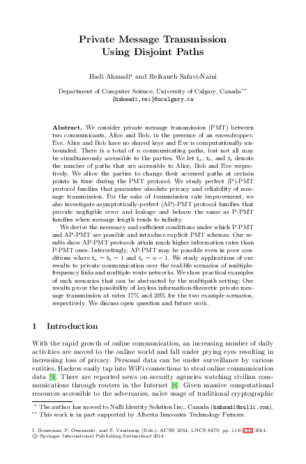 (PDF) Private Message Transmission Using Disjoint Paths