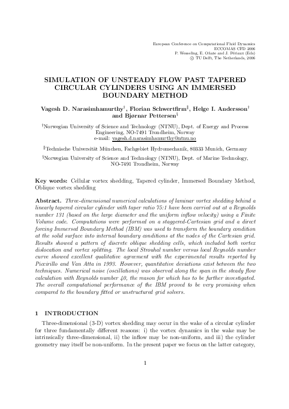 (PDF) Simulation of unsteady flow past tapered circular cylinders using an immersed boundary ...