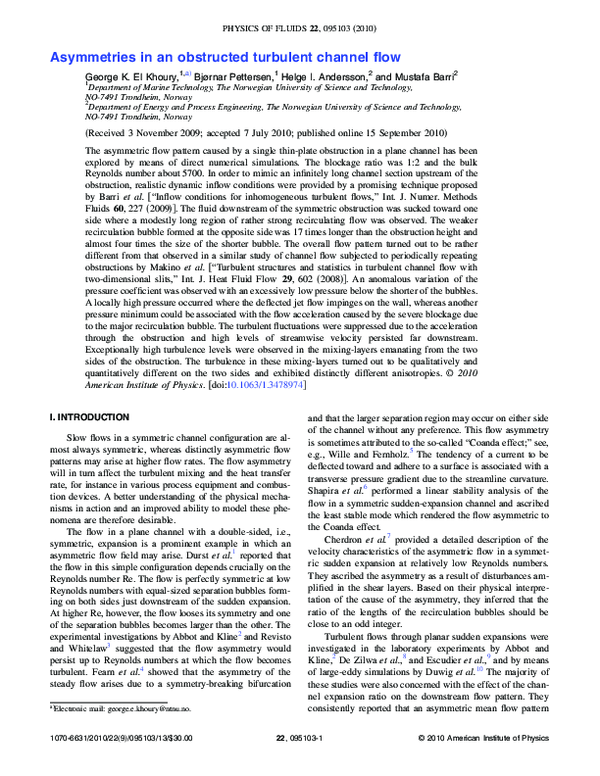 (PDF) Asymmetries in an obstructed turbulent channel flow | Bjørnar Pettersen - Academia.edu