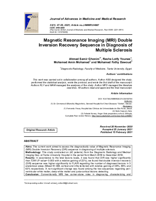 (PDF) Magnetic Resonance Imaging (MRI) Double Inversion Recovery Sequence in Diagnosis of ...