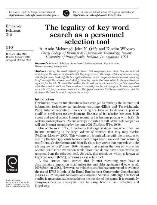 (PDF) The legality of key word search as a personnel selection tool