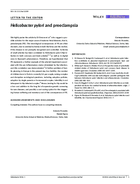 (PDF) Helicobacter pylori and preeclampsia
