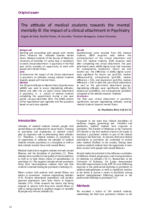 (PDF) The attitude of medical students towards the mental mentally ill: the impact of a clinical ...