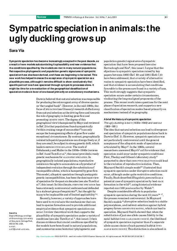 (PDF) Sympatric speciation in animals: the ugly duckling grows up