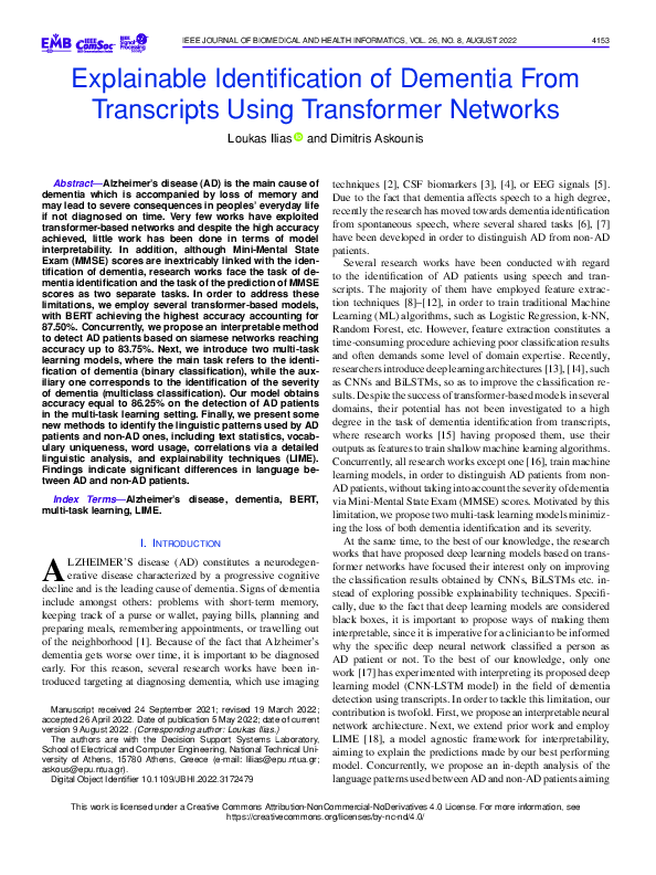 (PDF) Explainable Identification of Dementia From Transcripts Using Transformer Networks