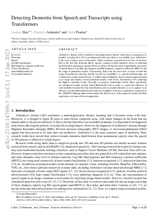 (PDF) Detecting dementia from speech and transcripts using transformers | Dimitris Askounis ...