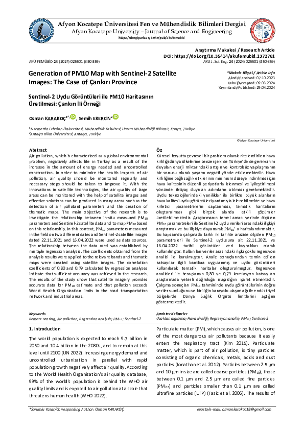 (PDF) Mapping PM10 Pollution in Çankırı using Sentinel-2 Images