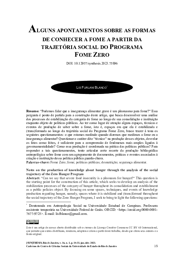 (PDF) Alguns Apontamentos Sobre as Formas De Conhecer a Fome a Partir Da Trajetória Social Do ...