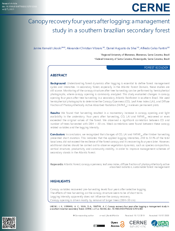 (PDF) Canopy recovery four years after logging: a management study in a ...