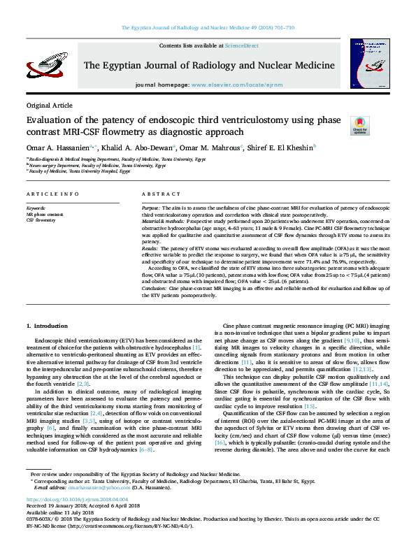 (PDF) Evaluation of the patency of endoscopic third ventriculostomy using phase contrast MRI-CSF ...