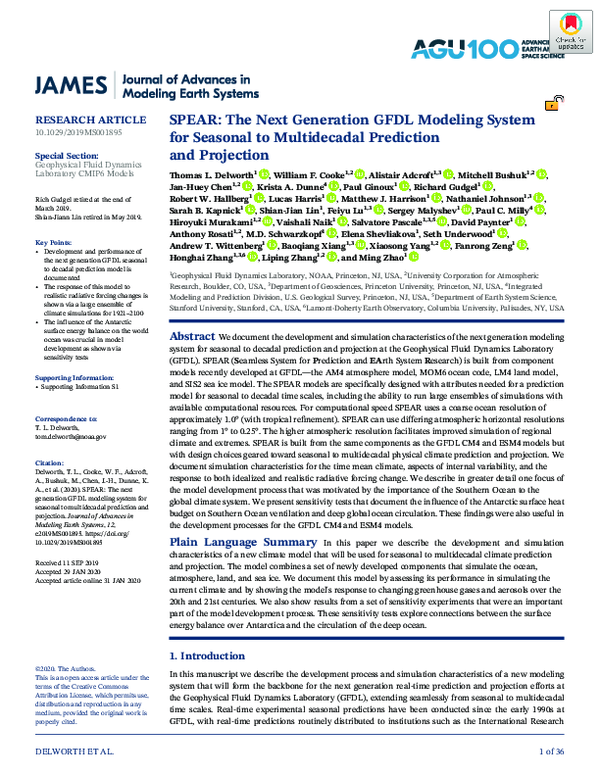(PDF) SPEAR: The Next Generation GFDL Modeling System for Seasonal to ...