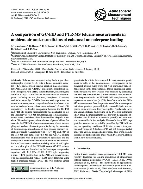 (PDF) A comparison of GC-FID and PTR-MS toluene measurements in ambient ...