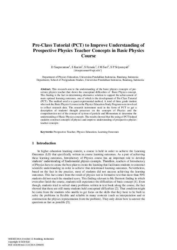(PDF) Pre-Class Tutorial (PCT) to Improve Understanding of Prospective Physics Teacher Concepts ...