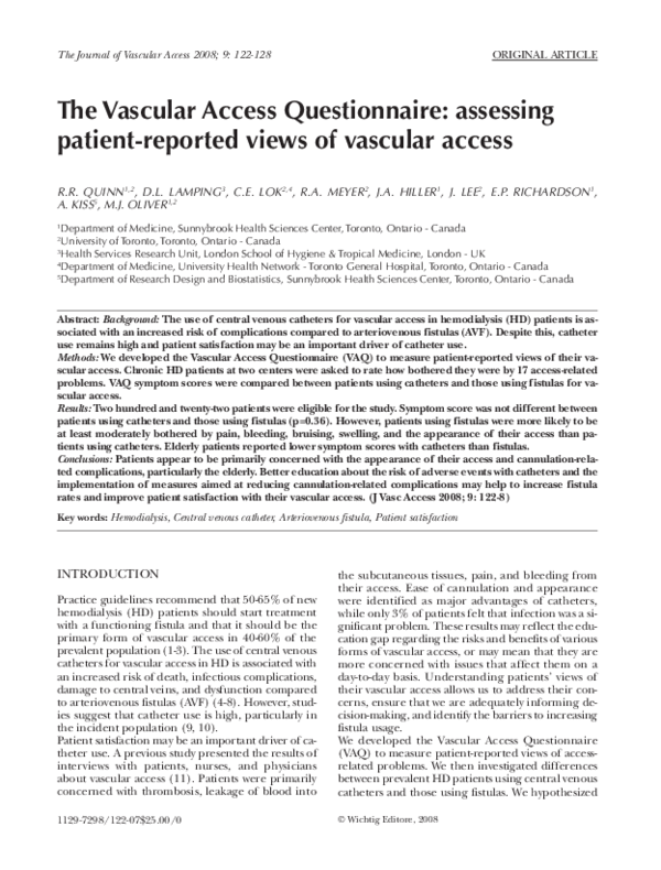 (PDF) The Vascular Access Questionnaire: Assessing Patient-Reported ...
