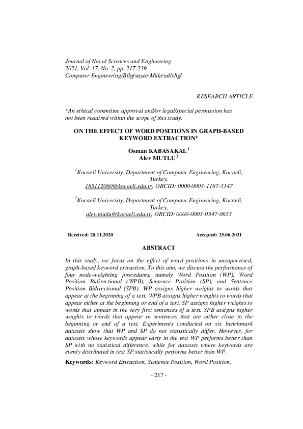 Pdf On The Effect Of Word Positions In Graph Based Keyword Extraction